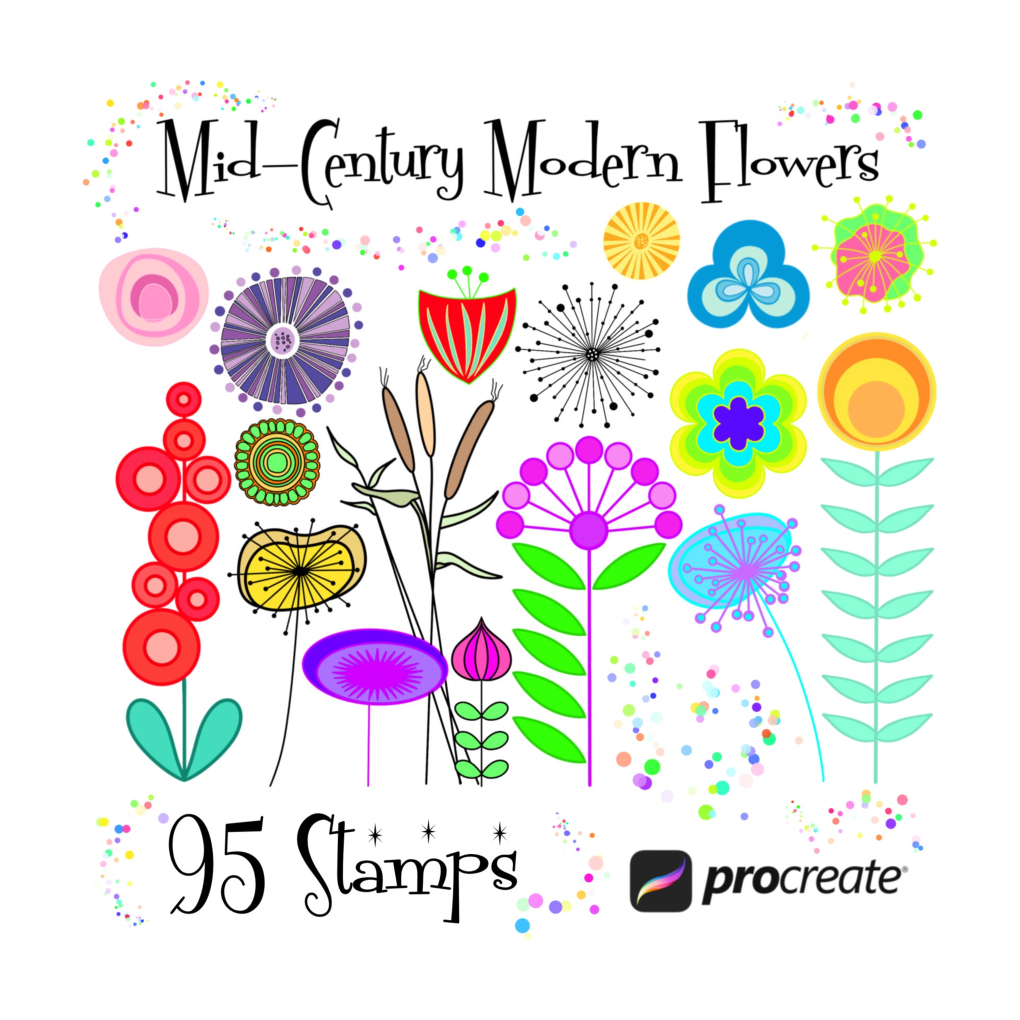 Retro MCM Mid-century Modern Flower Procreate Stamp Set - Etsy