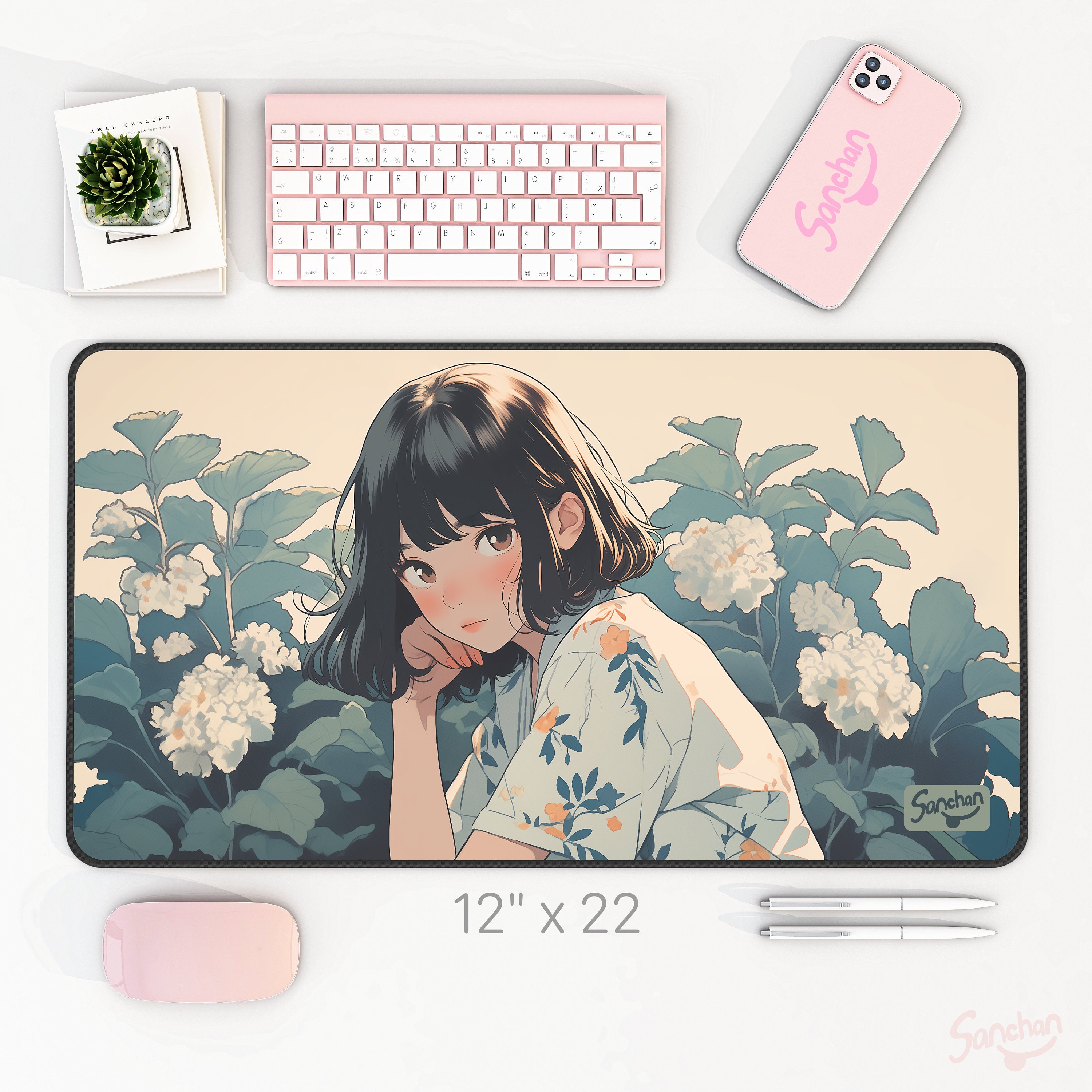Cute Kimono Anime Girl Mousepad Floral Desk Mat Japanese Botanical ...