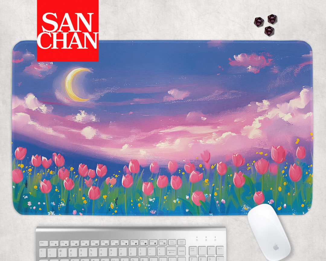 MTG Playmat Cute Pink Pastel Flower Landscape Desk Mat Celestial Moon ...