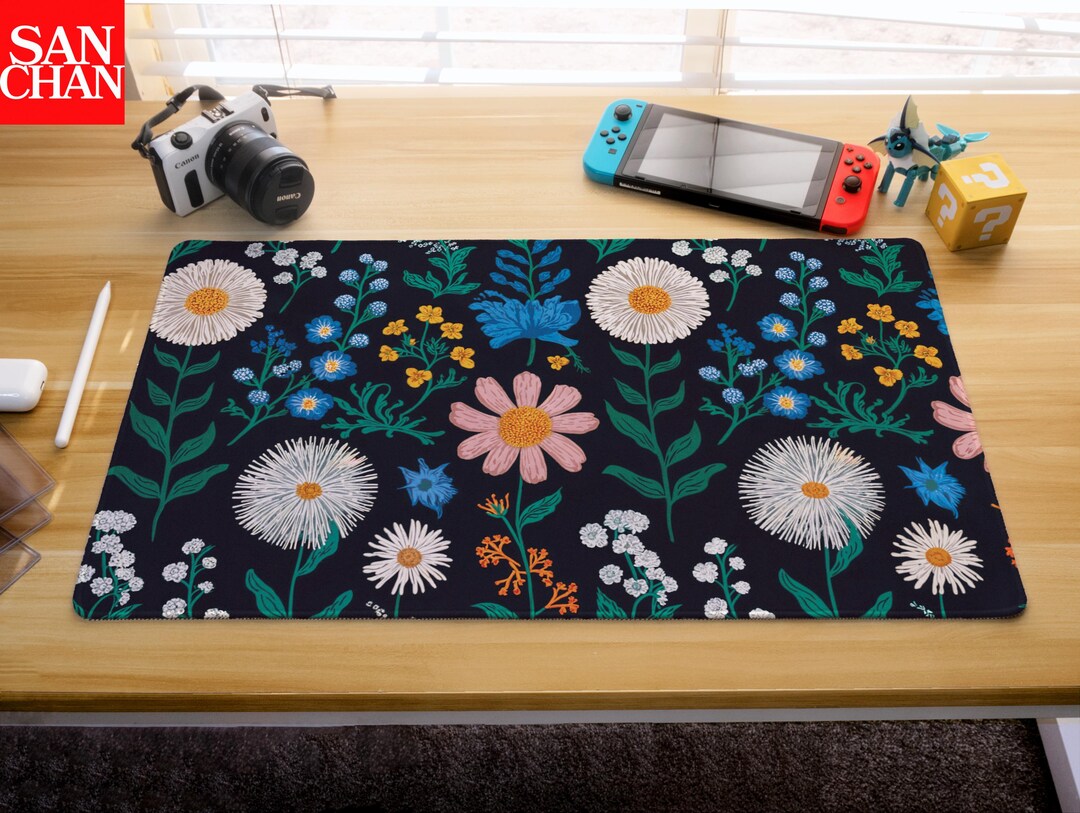 Dark Floral Desk Mat Cute Botanical Gaming Large Mouse Pad, Wildflower ...