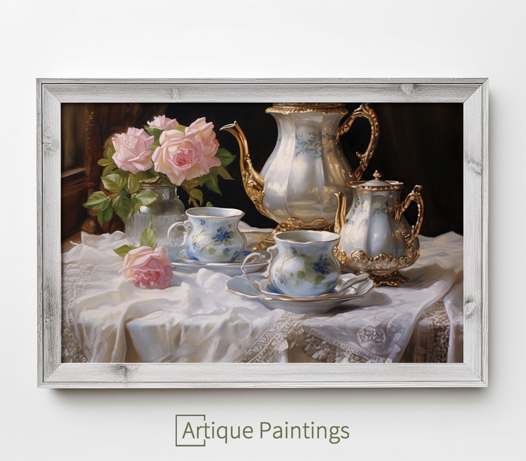 Vintage Tea Time Sill Life Painting 1 | Oil Painting | Vintage Art ...