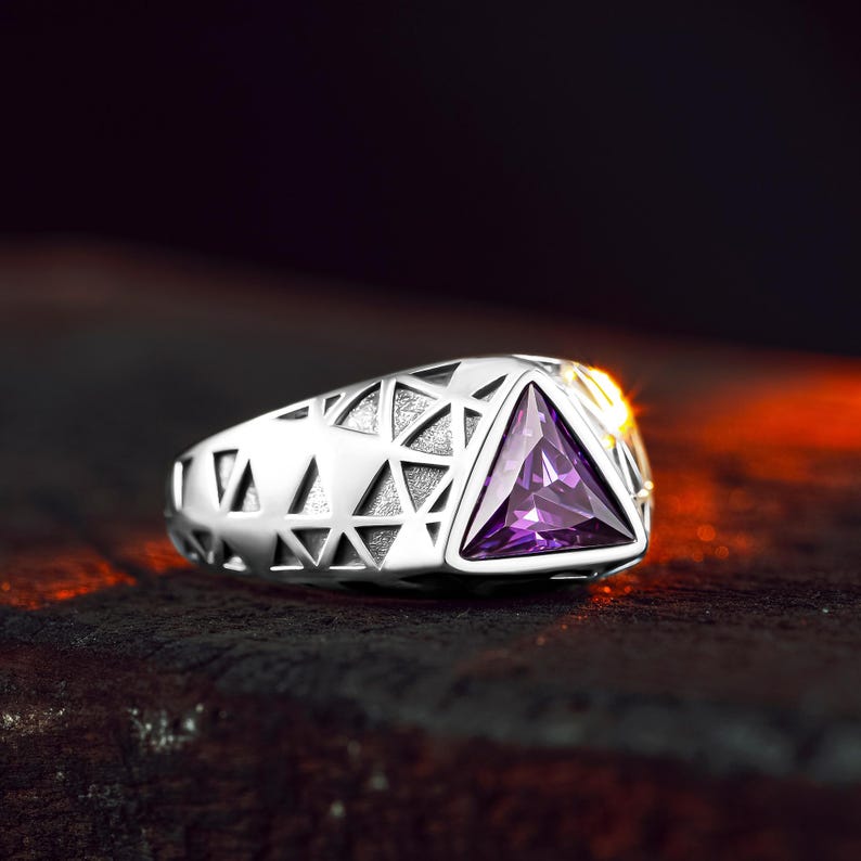 Purple Amethyst Ring, Triangle Gemstone Ring, Ring for Men, 925 ...