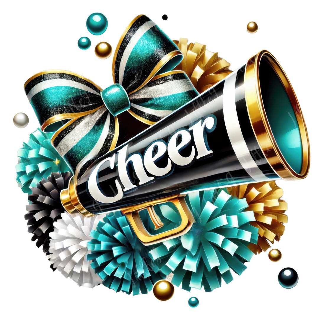 Cheer Teal Black Gold White, Cheer Megaphone, Cheer Coquette Bow ...