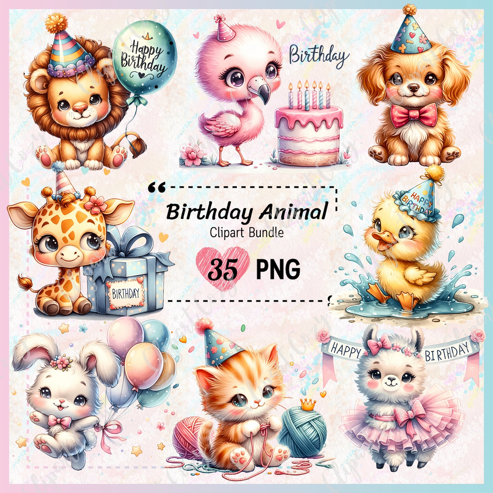 35 Birthday Animals Clipart Bundle, Birthday Clipart, Animal PNG Transparent Background ...