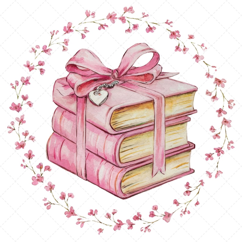 Coquette Stack of Pink Book With Bow and Floral Wreath, Book Png, Pink ...