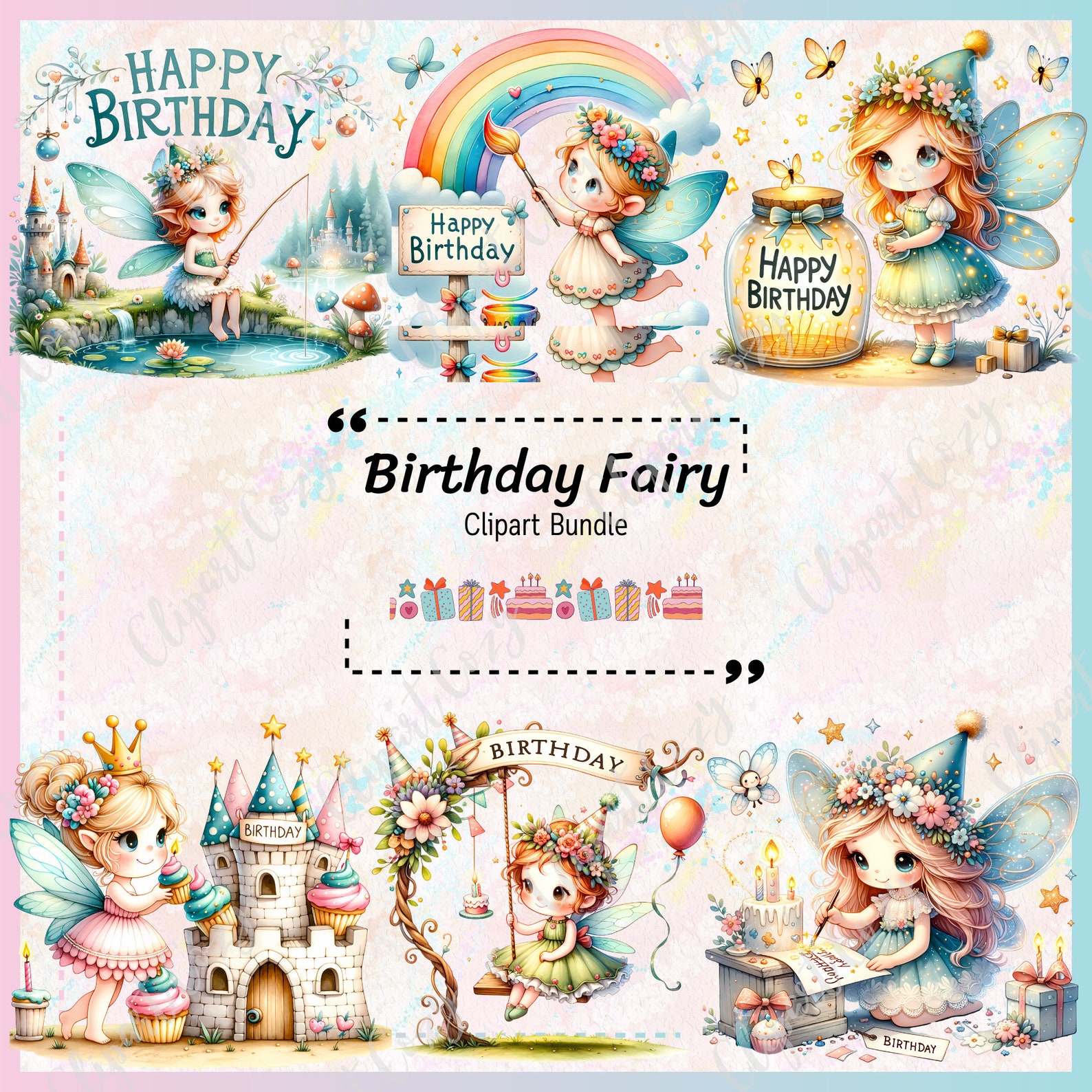 Birthday Fairy Clipart Bundle: Watercolor PNG Graphics (35 Files ...