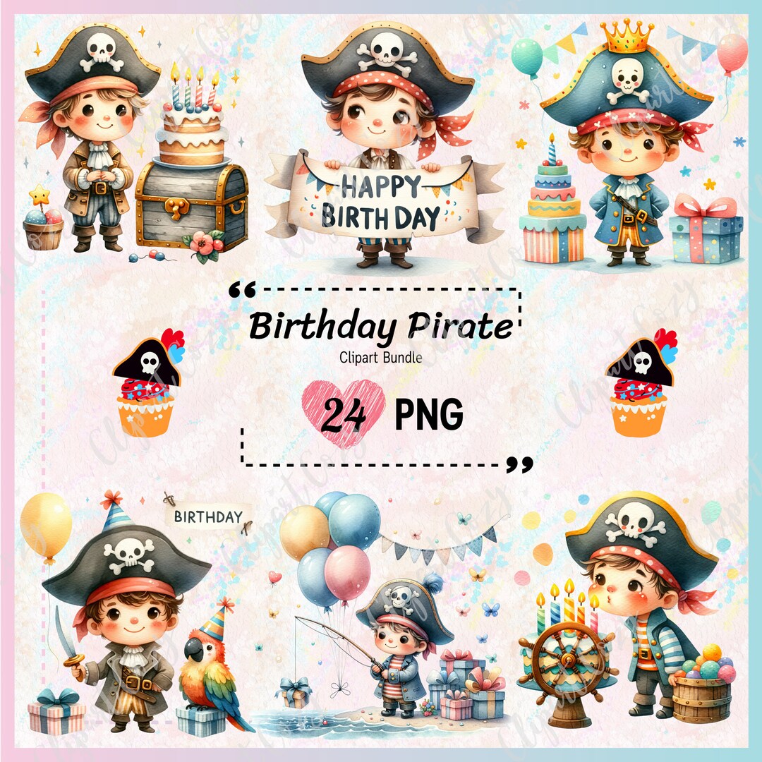 24 Birthday Pirate Clipart Bundle, Birthday Clipart, Pirate PNG ...