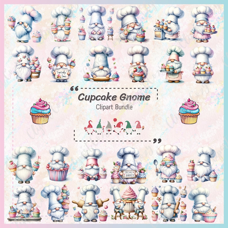24 Cupcake Gnome Clipart Bundle, Gnome Clipart, Baking Gnome, Gnome PNG ...