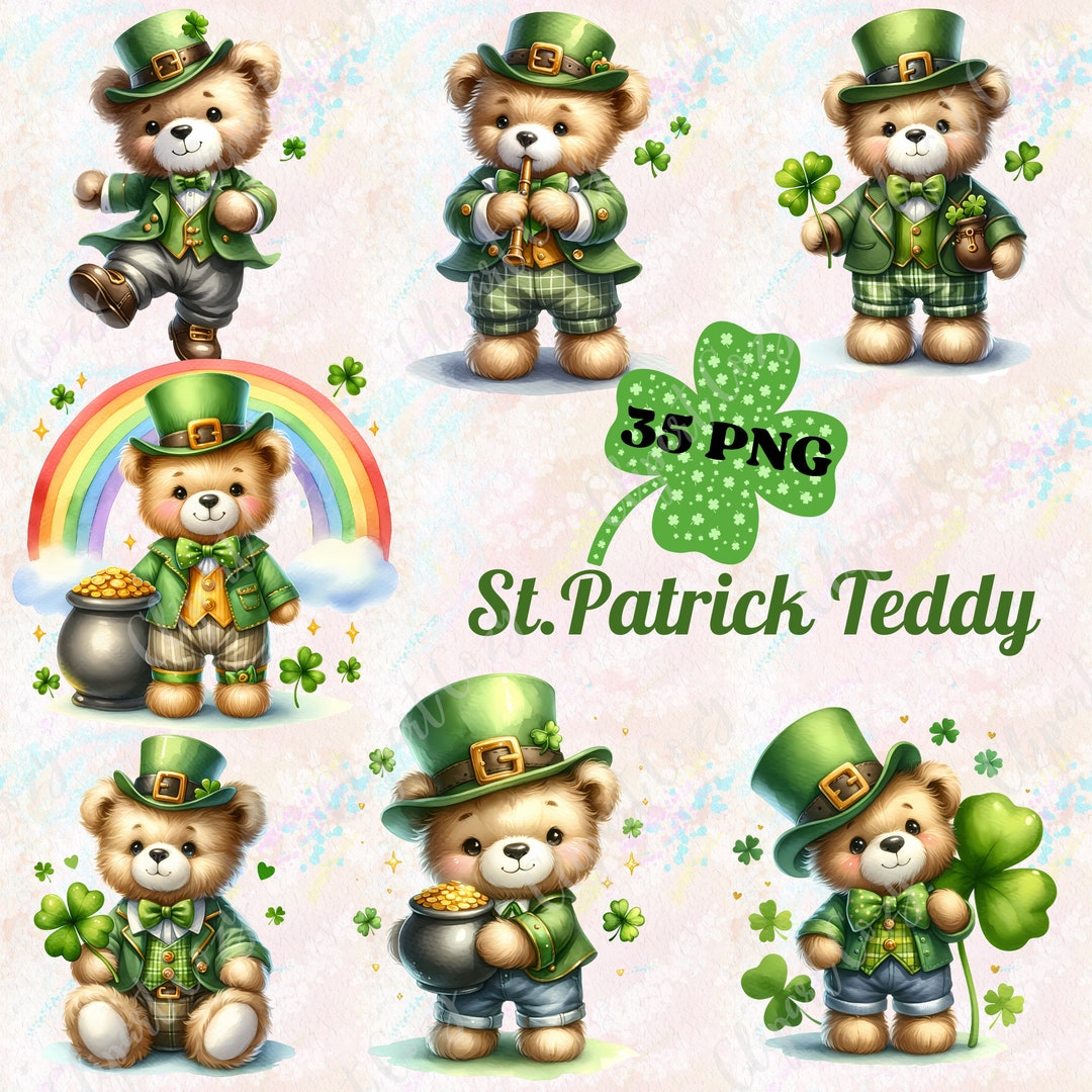 35 St. Patrick's Day Teddy Clipart Bundle, Festive PNG Clipart, Teddy ...