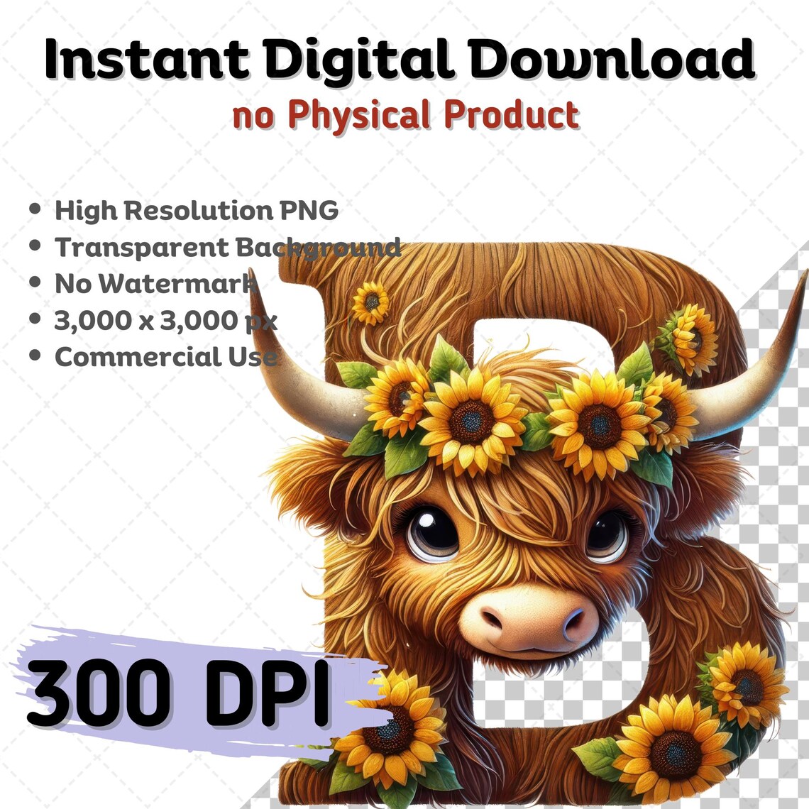 Highland Cow and Sunflower Letters, Sunflower PNG, Alphabets & Numbers ...