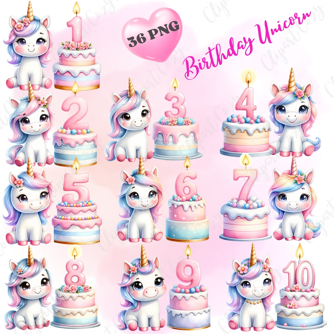Birthday Unicorn Clipart Bundle: Watercolor PNG Graphics, 36 Birthday ...
