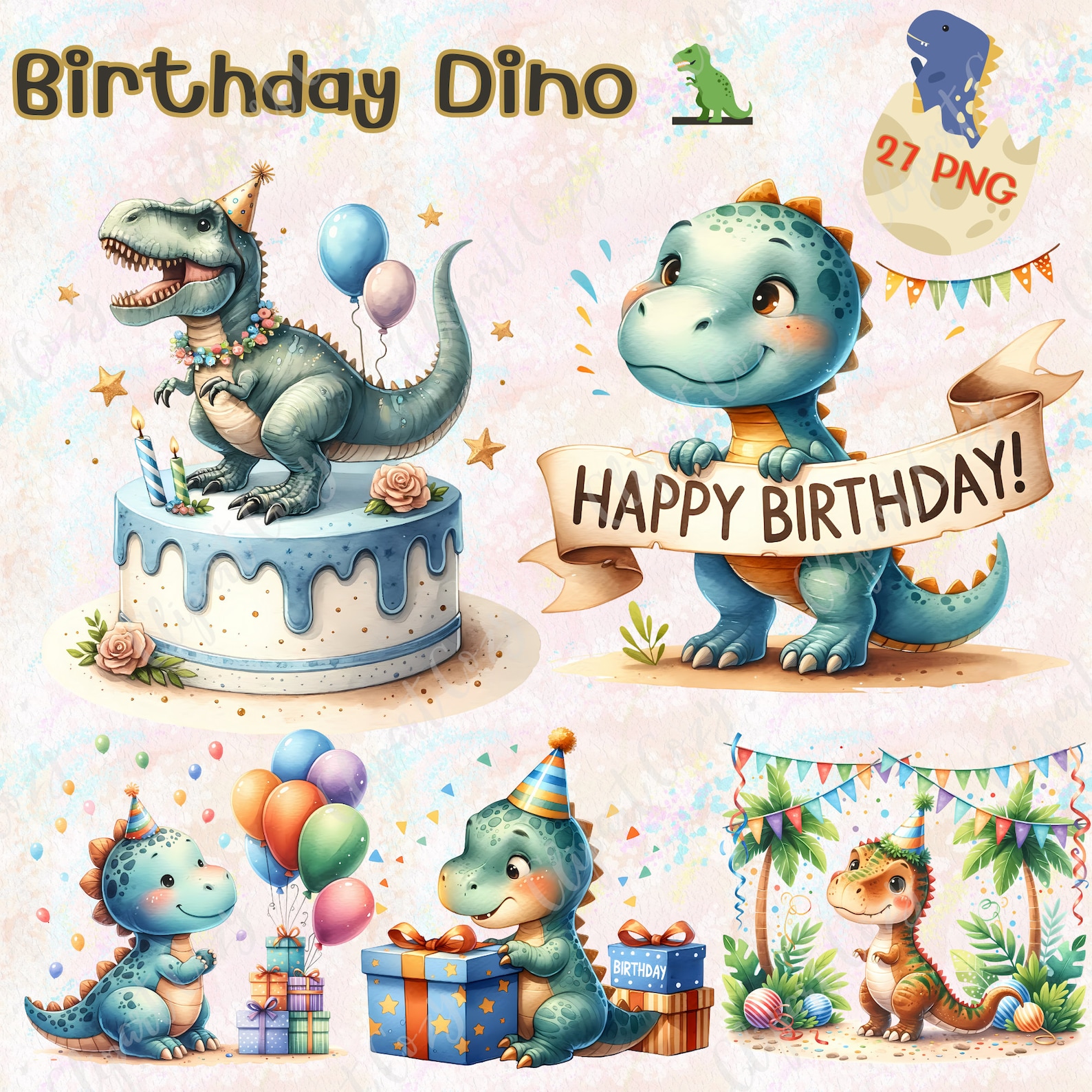 27 Birthday Dino Clipart Bundle, Birthday Clipart, Dino PNG Transparent ...