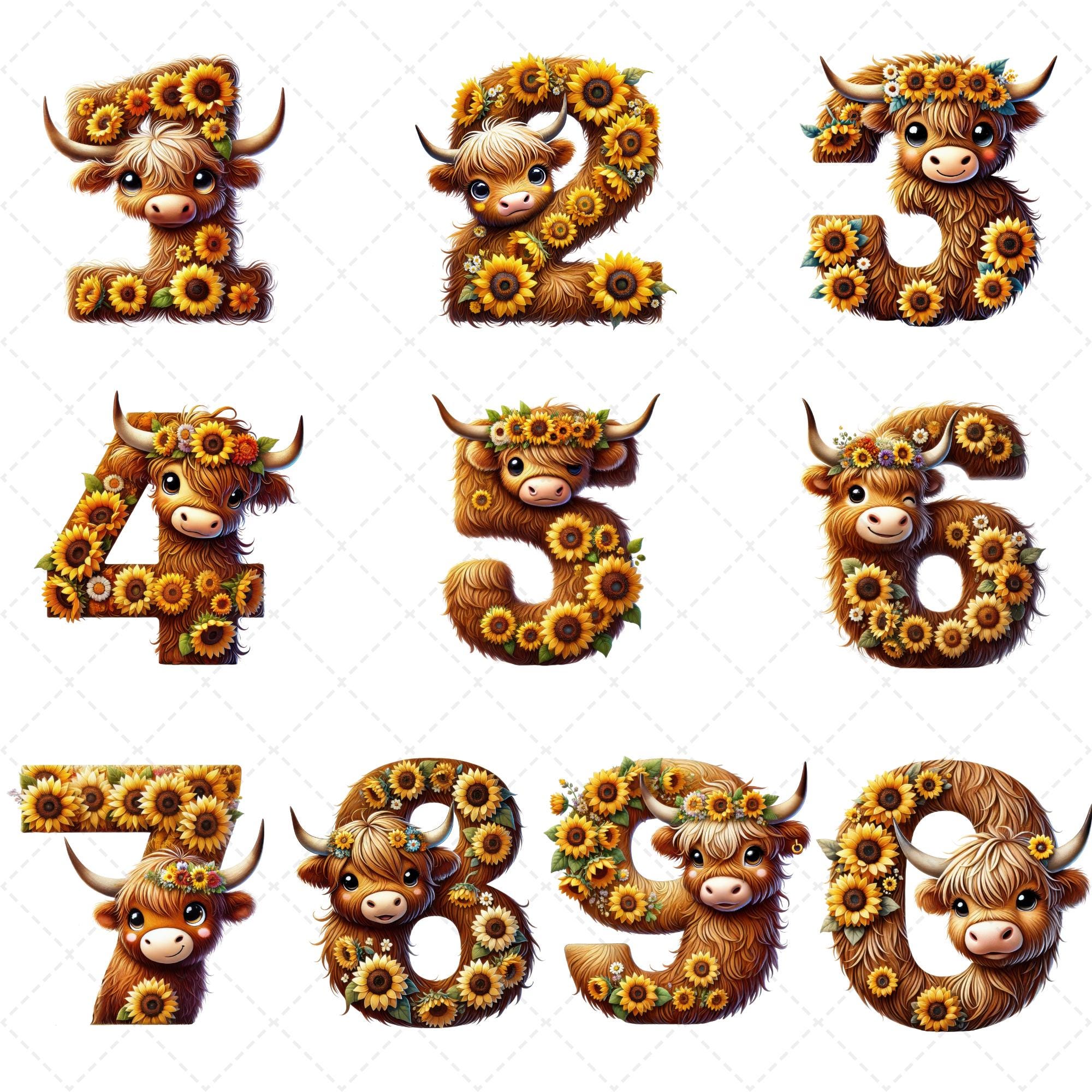 Highland Cow and Sunflower Letters, Sunflower PNG, Alphabets & Numbers ...