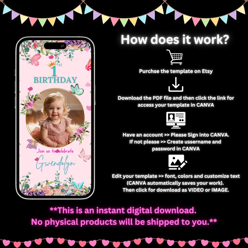 1st Pink Birthday Girl Video Invitation, Editable Birthday Party ...