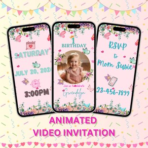 1st Pink Birthday Girl Video Invitation, Editable Birthday Party ...