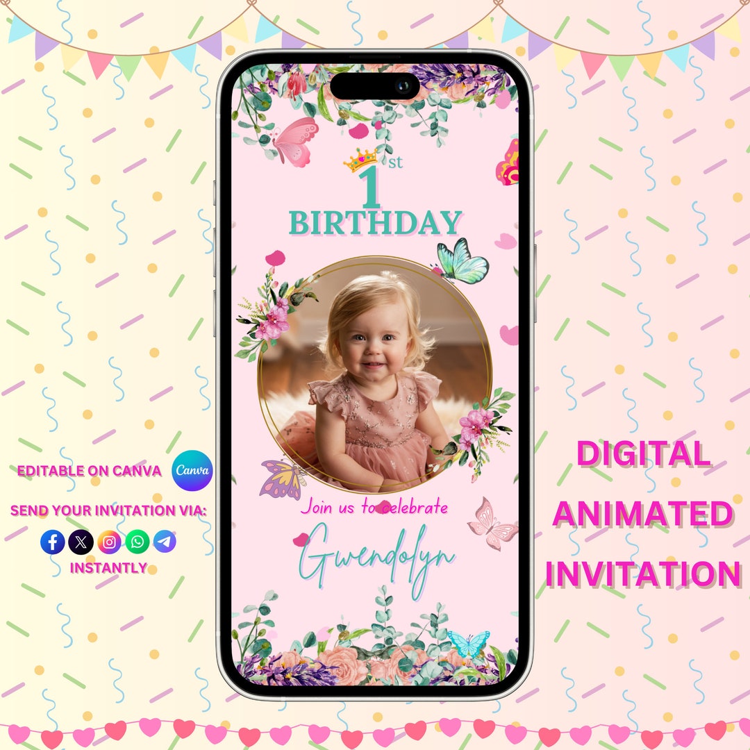 1st Pink Birthday Girl Video Invitation, Editable Birthday Party ...