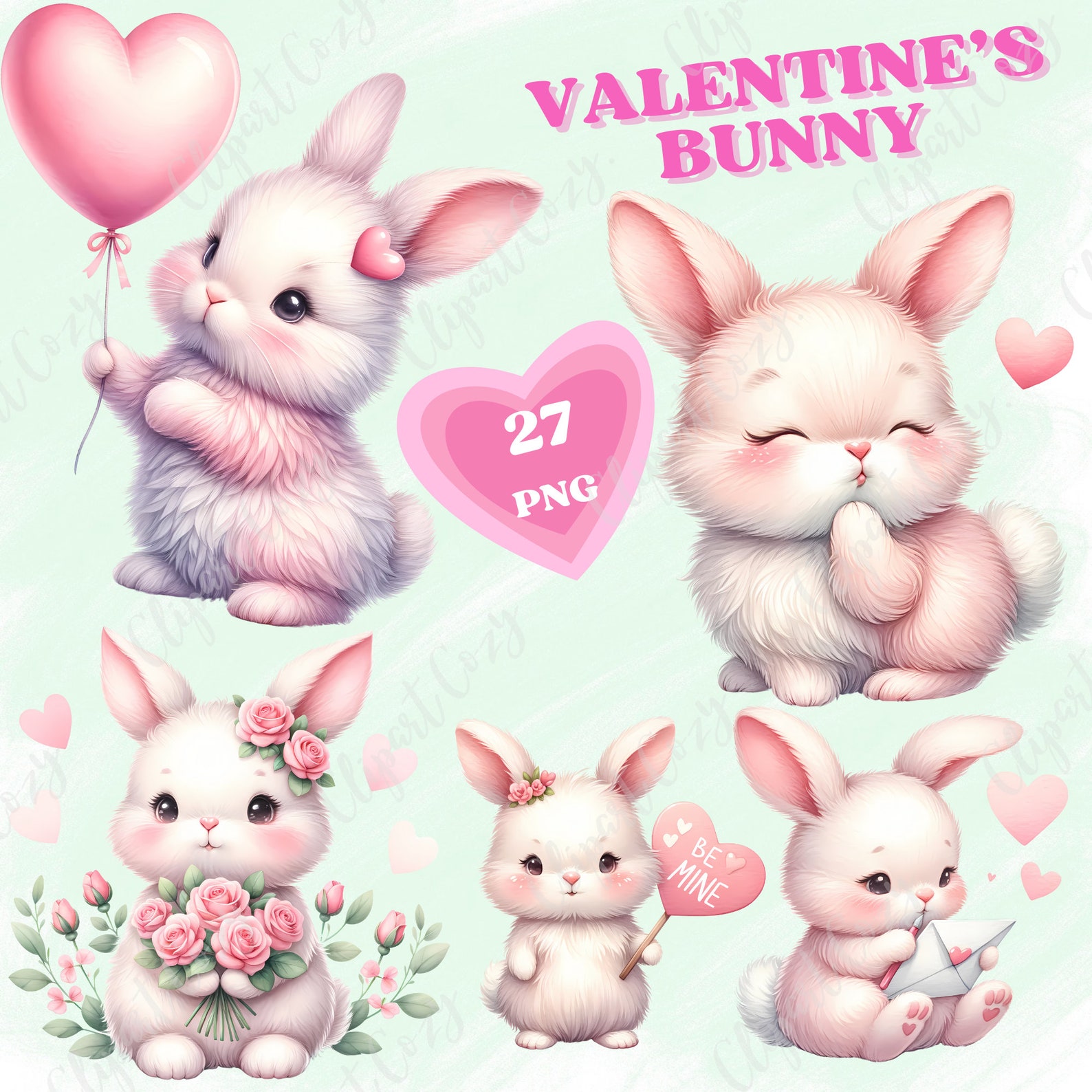 27 Valentines Bunny Clipart Bundle, Valentines Clipart, Bunny PNG, Cute ...
