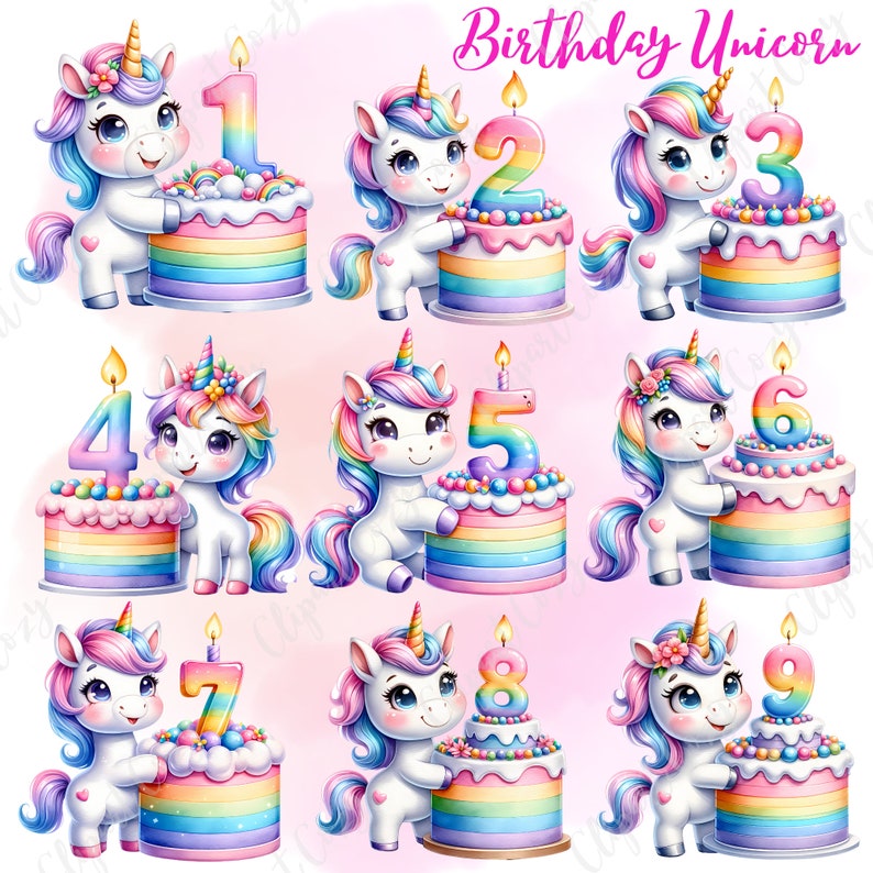 Birthday Unicorn Clipart Bundle: Watercolor PNG Graphics, 36 Birthday ...