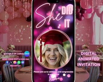 Digital She Did It Graduation Invitation, Animated Green Girls College ...