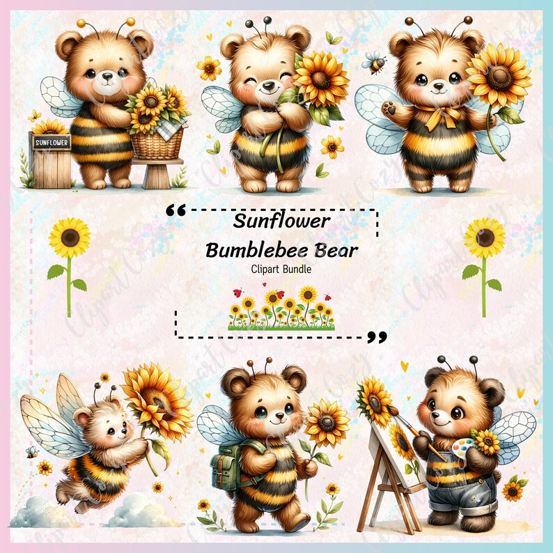 24 Sunflower Bumblebee Bear Clipart Bundle, Sunflower Bear, Bumblebee ...