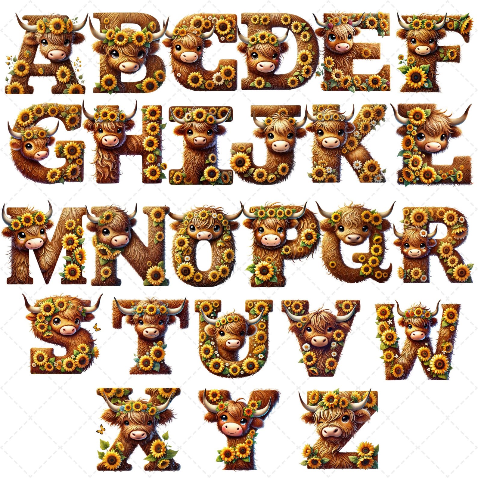 Highland Cow and Sunflower Letters, Sunflower PNG, Alphabets & Numbers ...