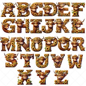 Highland Cow and Sunflower Letters, Sunflower PNG, Alphabets & Numbers ...