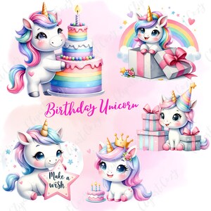 Birthday Unicorn Clipart Bundle: Watercolor PNG Graphics, 36 Birthday ...