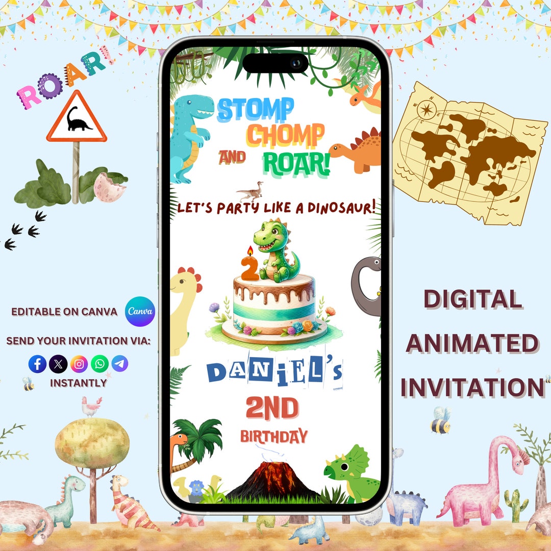 Animated 2nd Birthday Dinosaur Video Invitation, Editable Dinosaur, 2nd ...