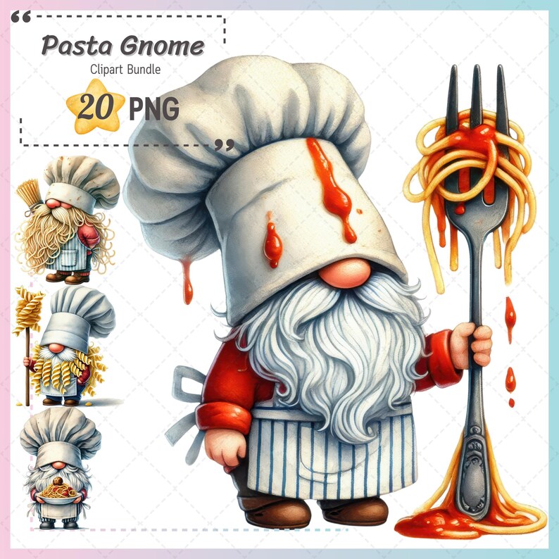 20 Pasta Gnome Clipart Bundle, Gnome Clipart, Cooking Gnome, Kitchen ...