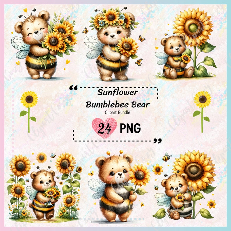 24 Sunflower Bumblebee Bear Clipart Bundle, Sunflower Bear, Bumblebee ...