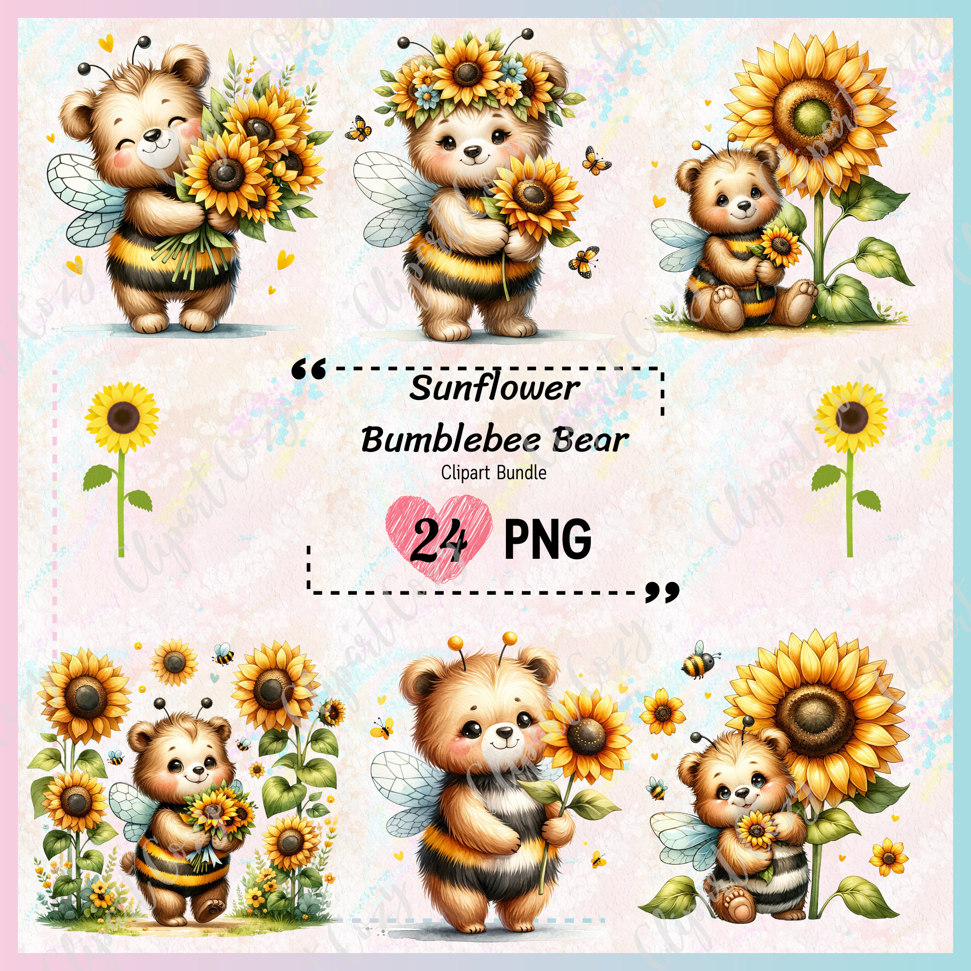 24 Sunflower Bumblebee Bear Clipart Bundle, Sunflower Bear, Bumblebee ...