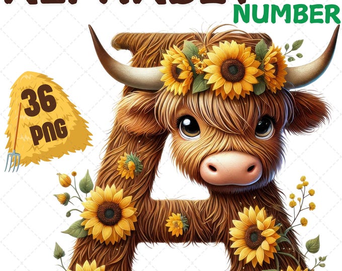 Highland Cow Alphabet Letter Png, Sunflower Highland Cow Png, Highland ...
