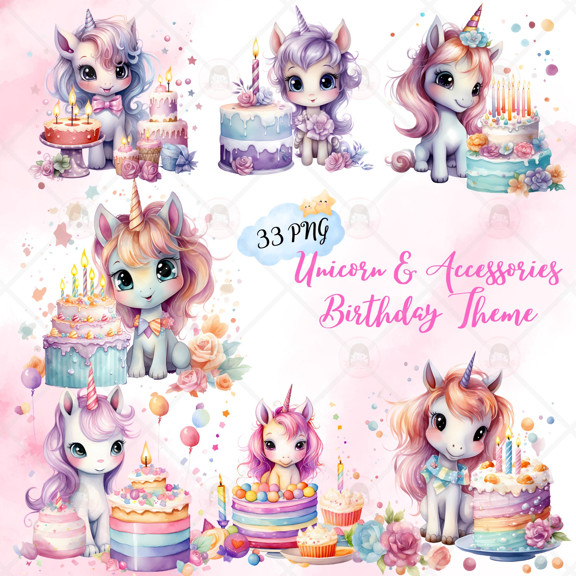 33 Birthday Unicorn&element Clipart Bundle, Party Decorations, Birthday ...