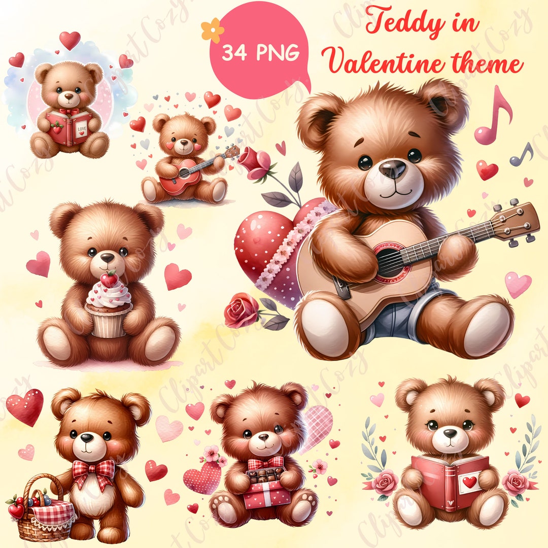 34 Valentines Teddy Bear Clipart Bundle, Cute Valentines Teddy ...