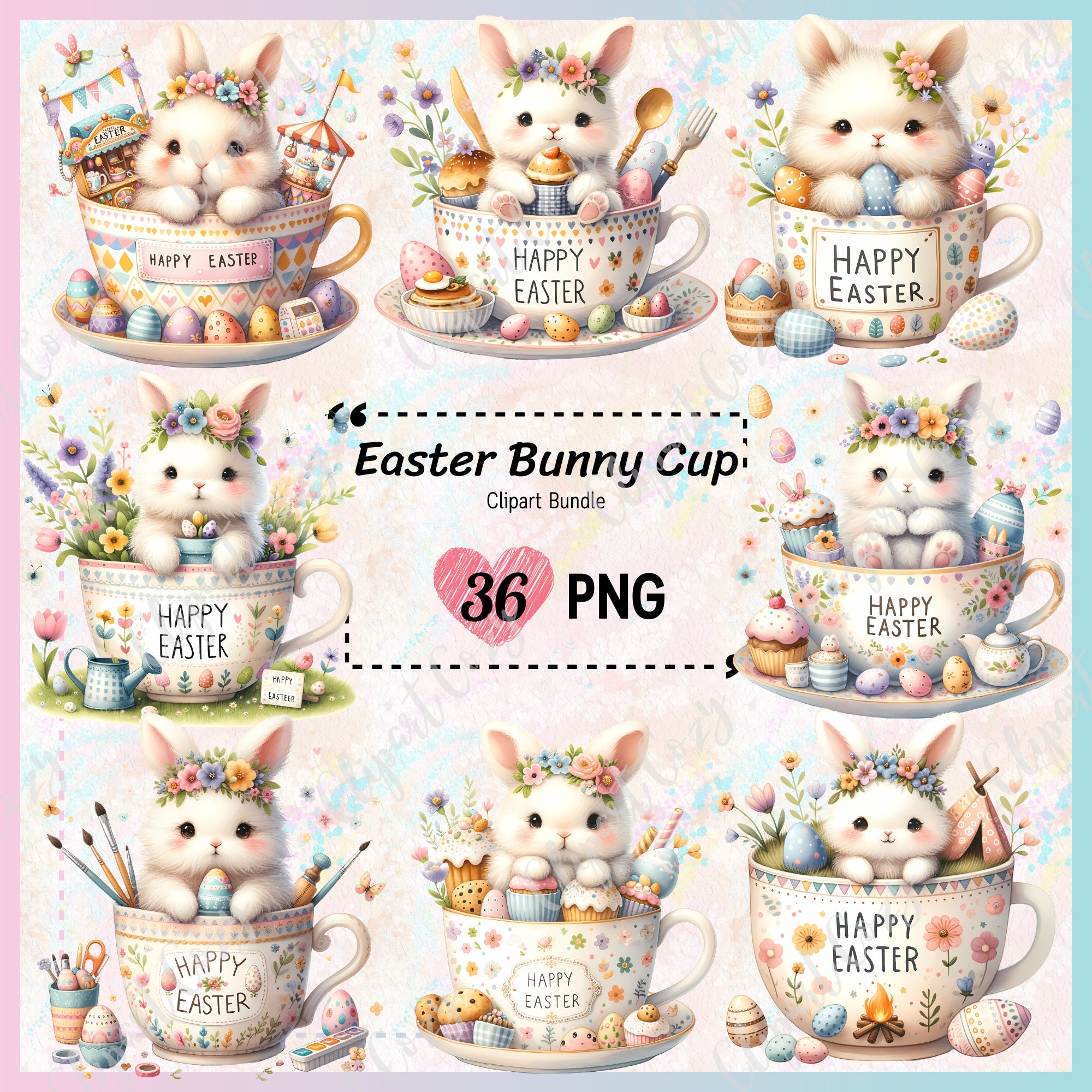 36 Easter Bunny Clipart Bundle, Easter Clipart, Bunny PNG, Cute Easter ...