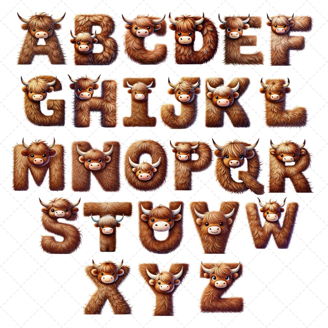 36 Highland Cow Letters PNG, Cute Alphabet Clipart, Alphabets & Numbers ...
