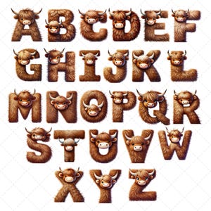36 Highland Cow Letters PNG, Cute Alphabet Clipart, Alphabets & Numbers ...