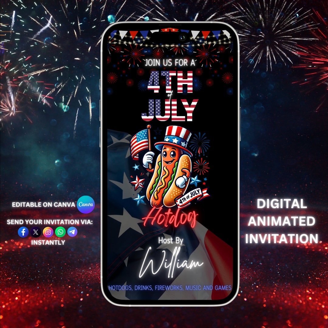 4th of July Hotdog Party Invitation, Hotdog Day, Digital Patriotic Day ...