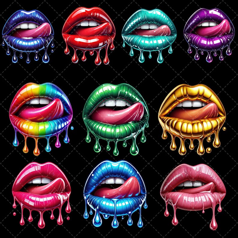 Dripping Lips With Tongue Clipart, 20 Lip Colors Bundle, PNG Lips ...