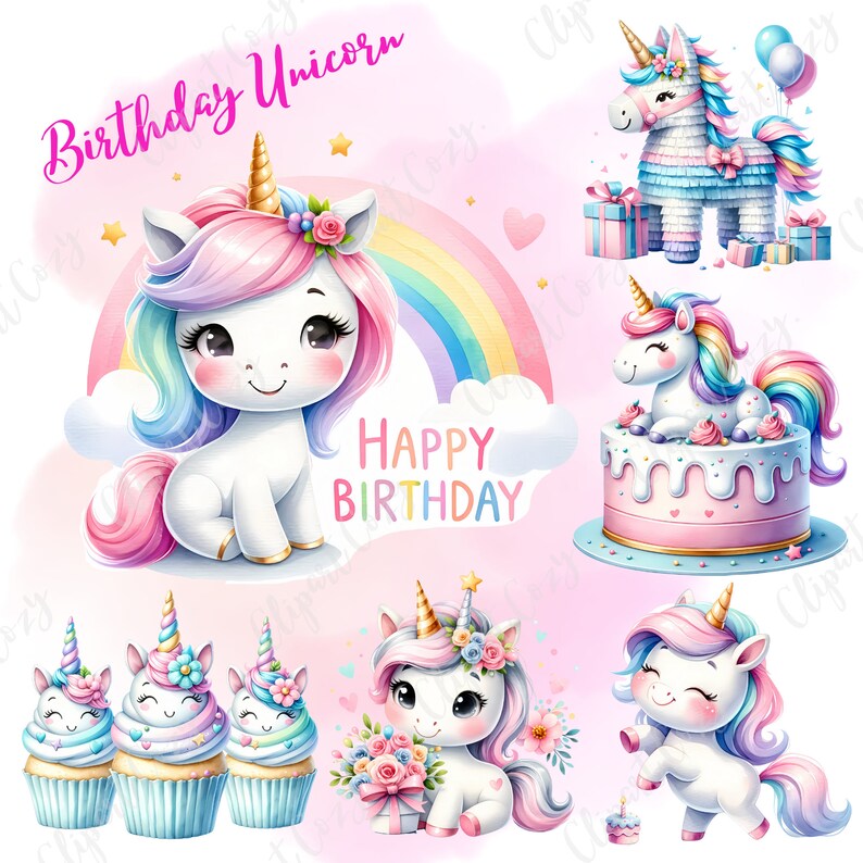 Birthday Unicorn Clipart Bundle: Watercolor PNG Graphics, 36 Birthday ...