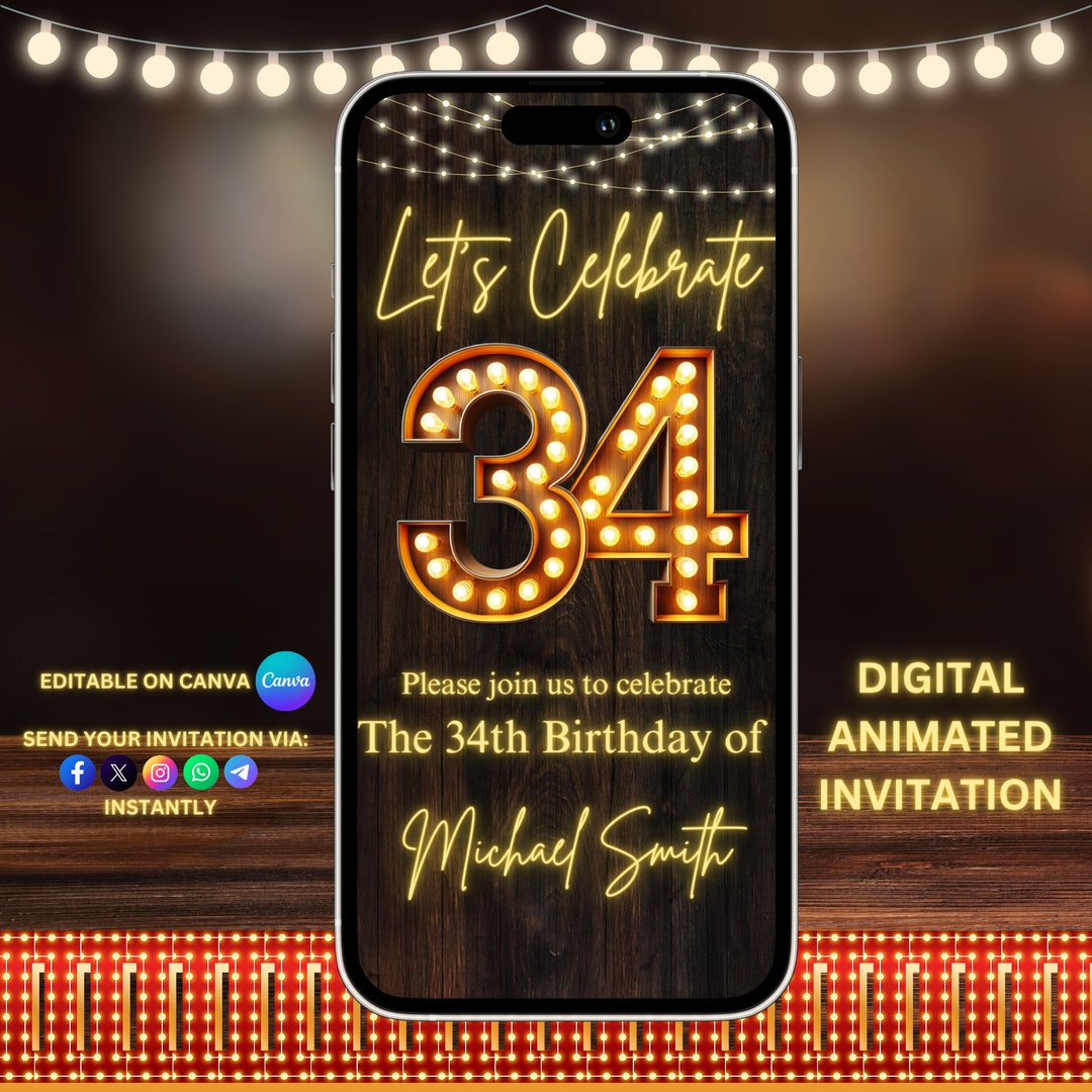 Animated 34th Birthday Video Invitation, Party Invitation, 34th Invite ...