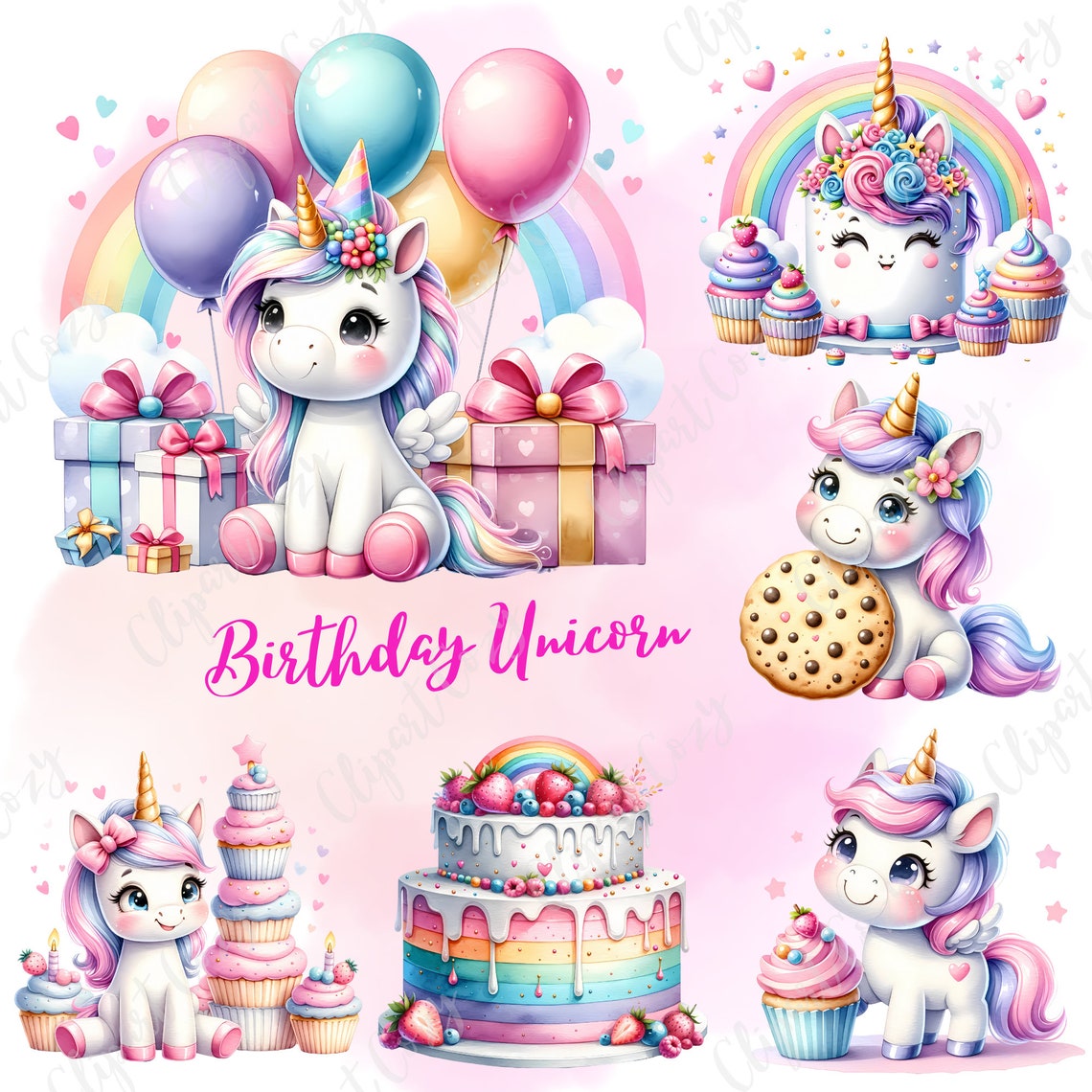 Birthday Unicorn Clipart Bundle: Watercolor PNG Graphics, 36 Birthday ...