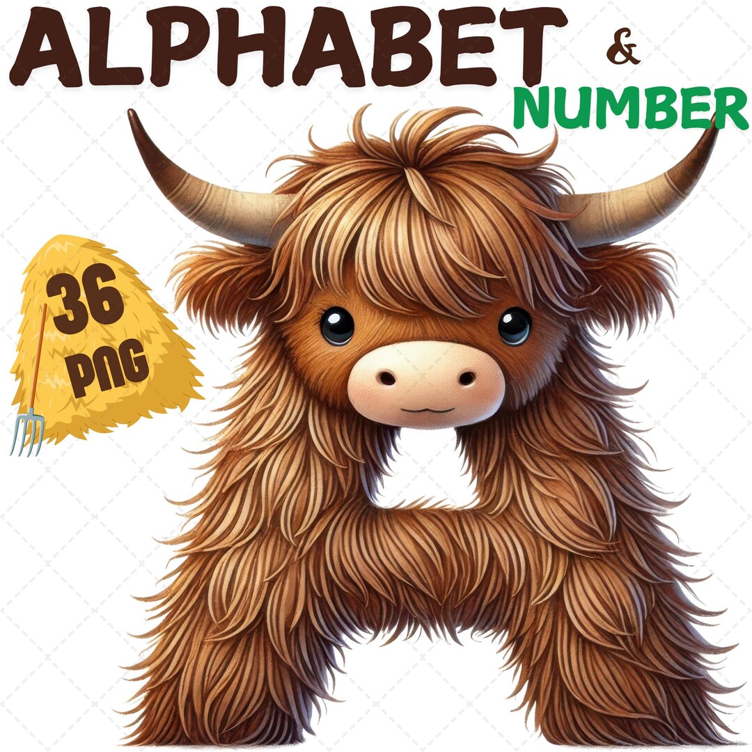 36 Highland Cow Letters PNG, Cute Alphabet Clipart, Alphabets & Numbers ...