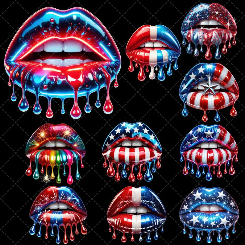 Dripping Lips 4th of July Clipart, Set of 20 Vibrant Lip Colors ...