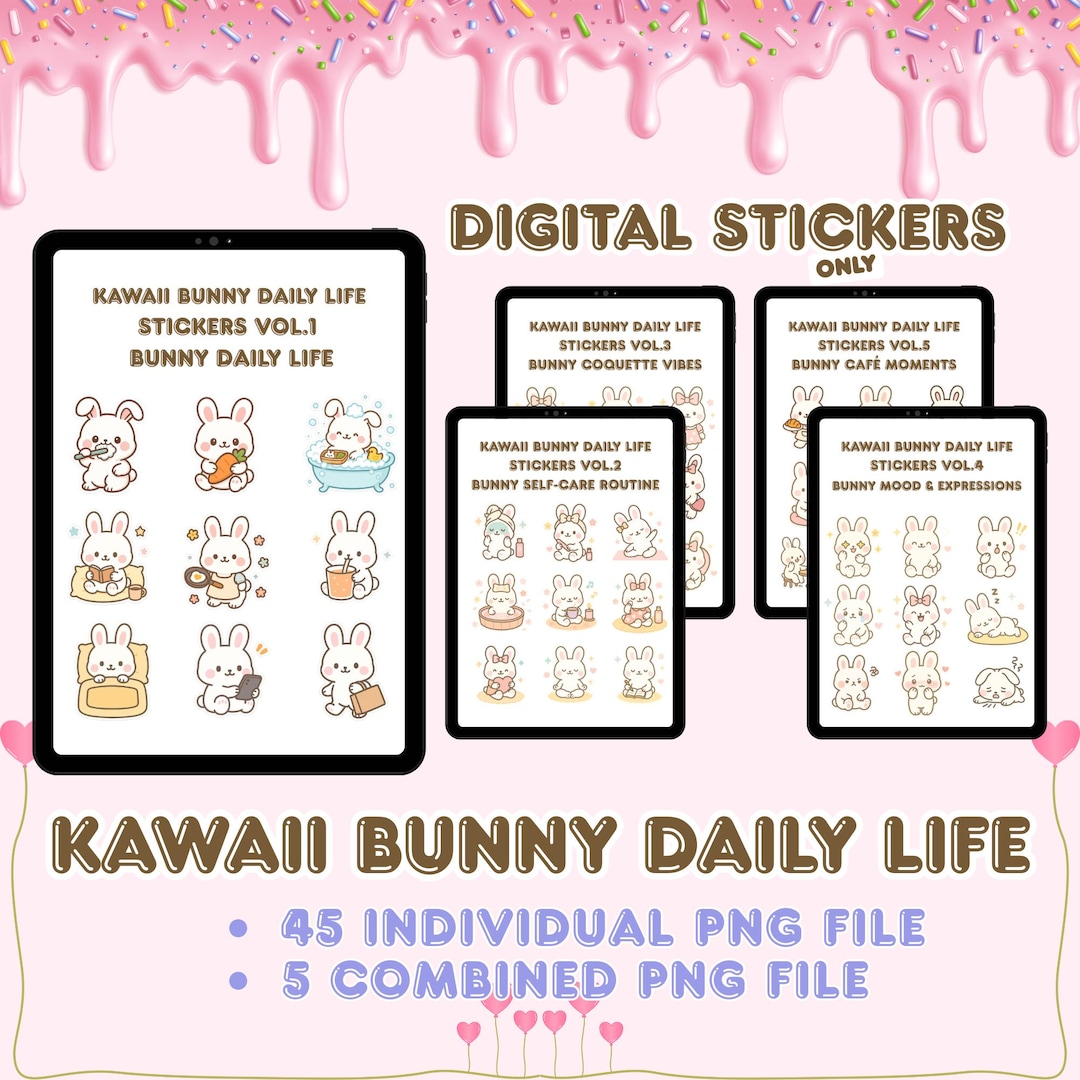 Kawaii Bunny Digital Stickers – 45 Cute Rabbit Pngs, Digital Stickers ...