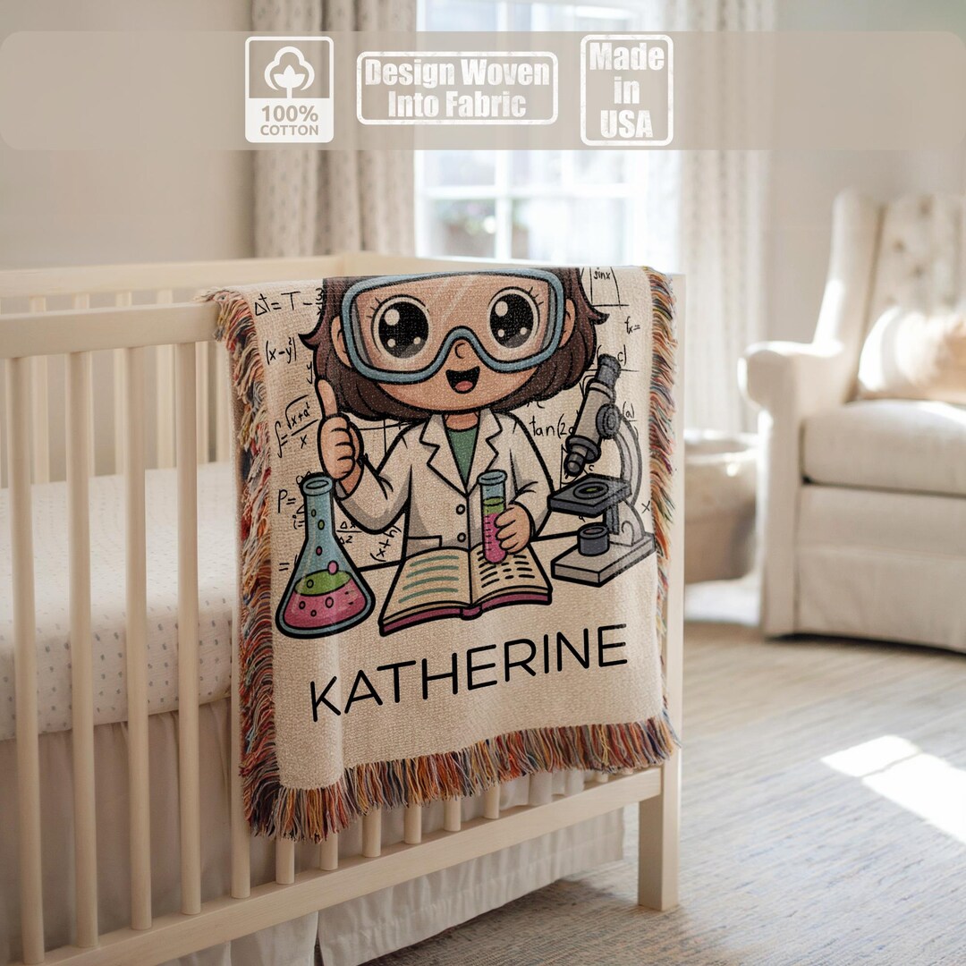 Personalized Scientist Girl Baby Blanket, Custom Name Science Nursery ...