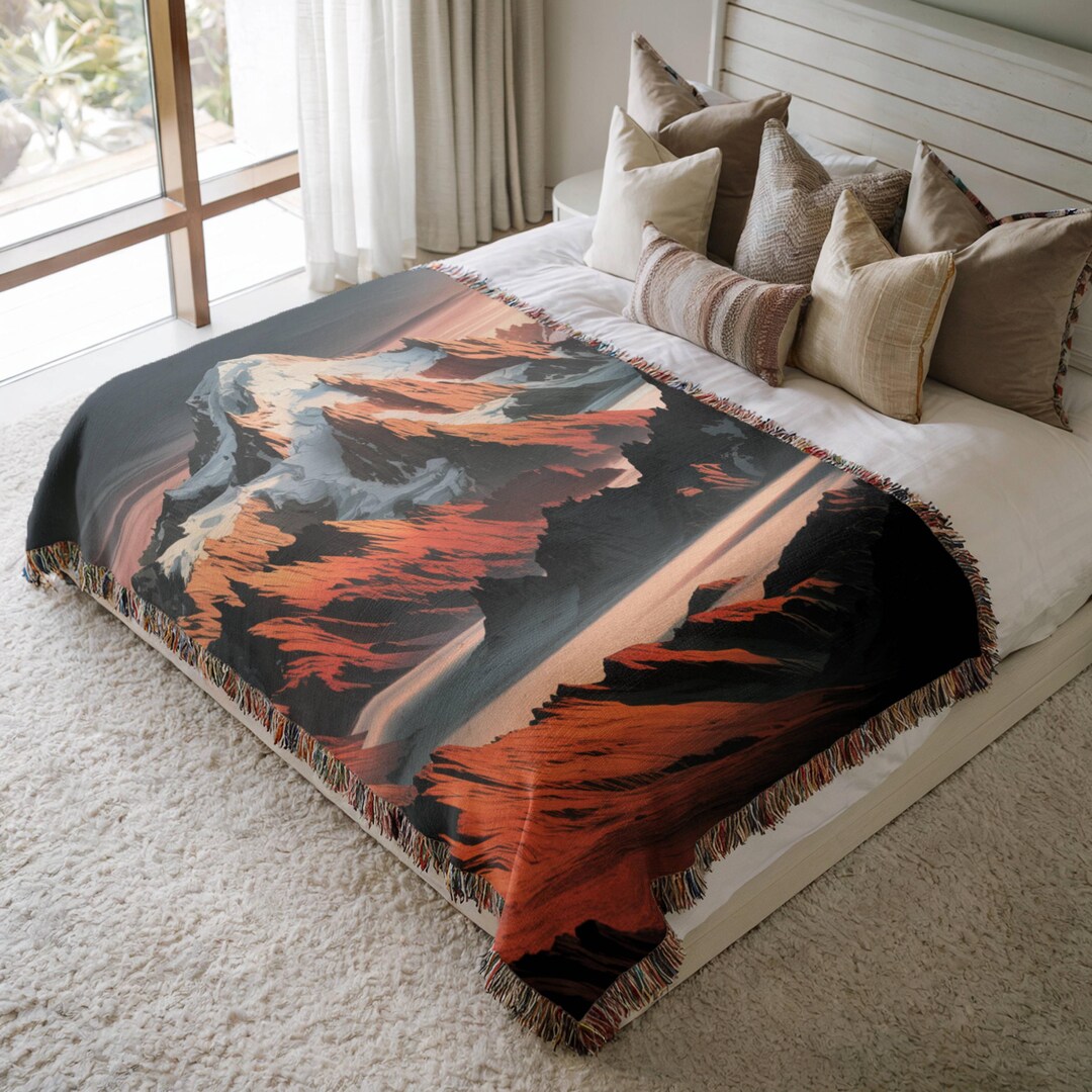 Sunset Mountain Woven Blanket, Glowing Peak Scenic Throw, Dramatic ...