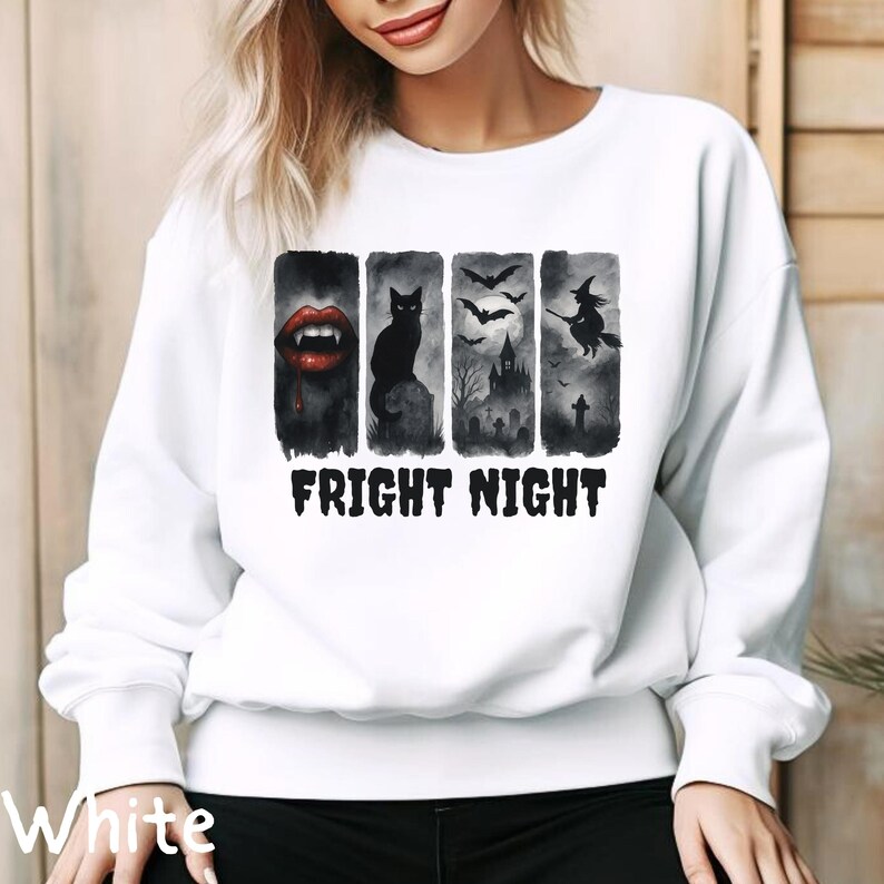 Halloween Sweatshirt Fright Night Black Cat Vampire Bats Witch Spooky ...