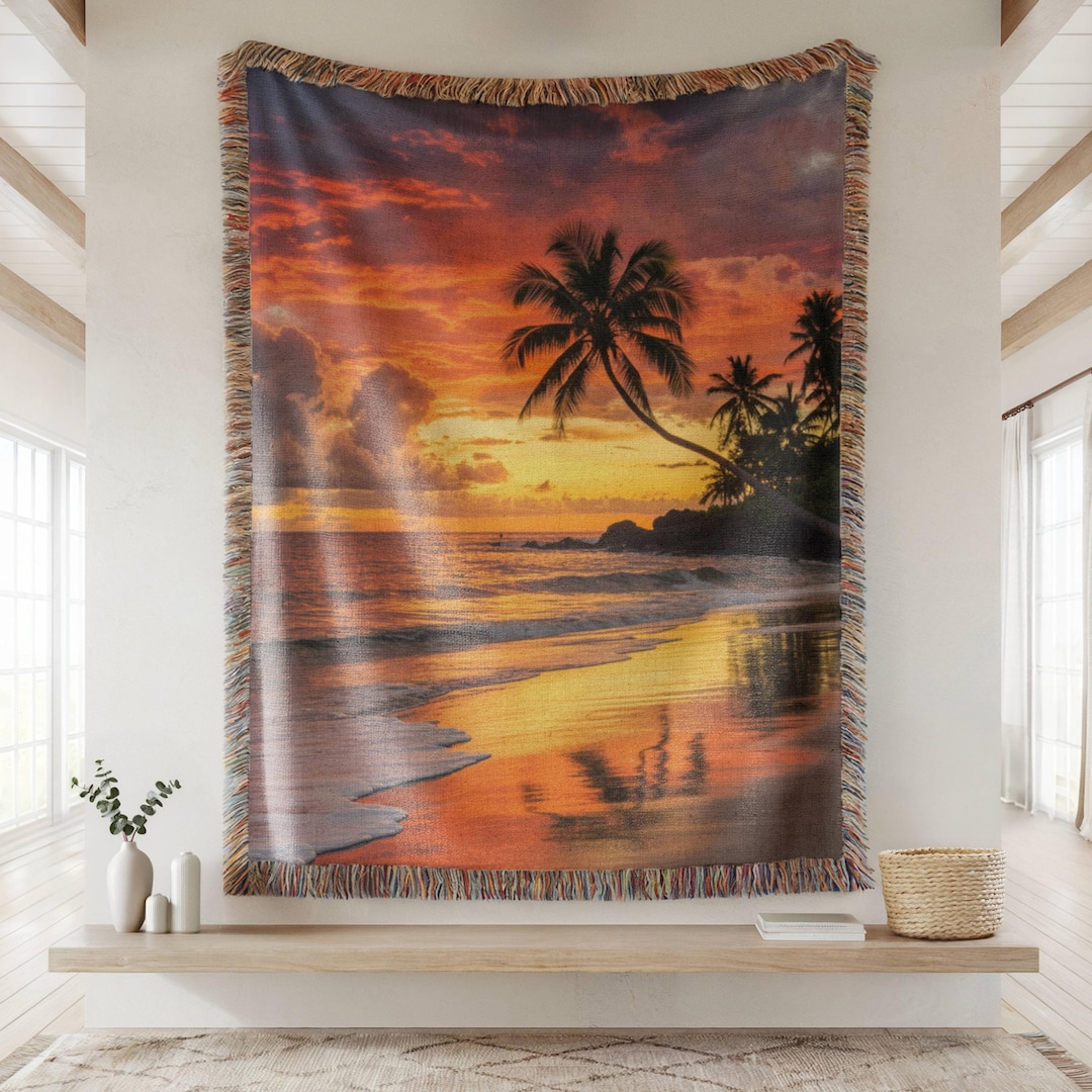 Tropical Sunset Woven Blanket, Beach Palm Tree Throw, Coastal Decor - Etsy