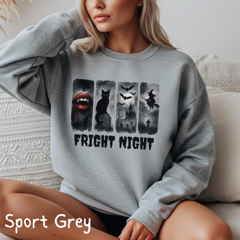 Halloween Sweatshirt Fright Night Black Cat Vampire Bats Witch Spooky ...